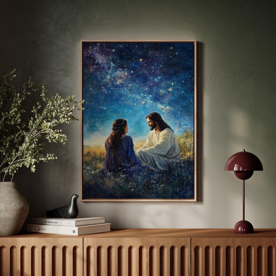 Jesus and Woman Under Starry Night Canvas - Peaceful Inspirational ...