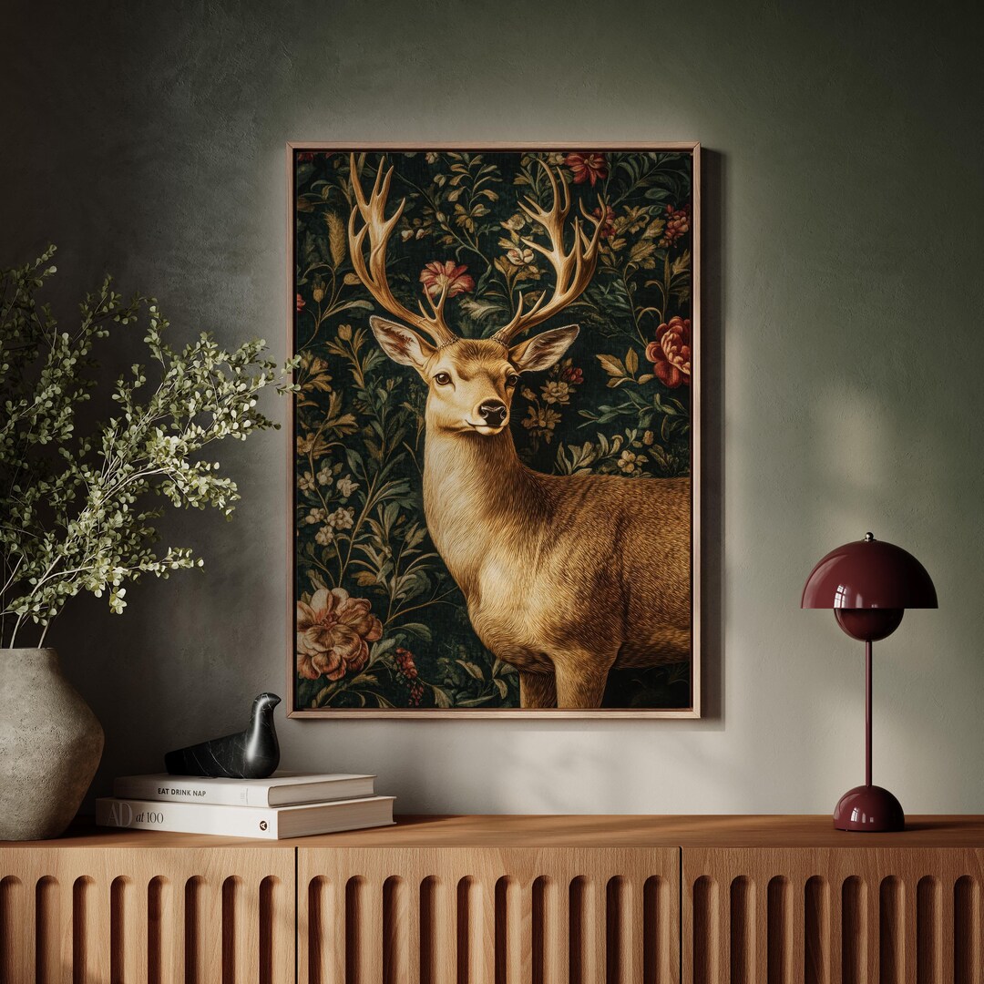 Deer Canvas Wall Art – Rustic Framed Wildlife Art, Floral Deer Nature ...