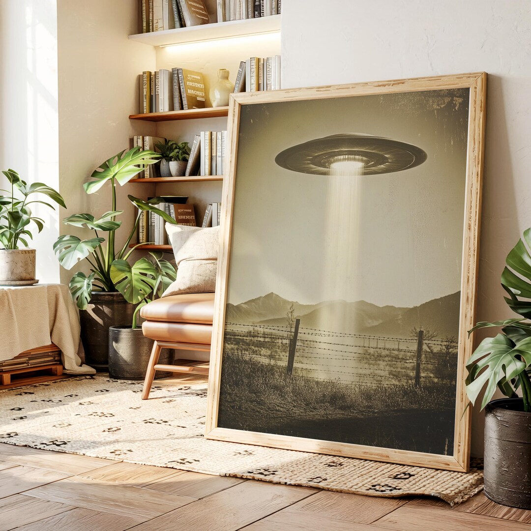 Vintage UFO Canvas Wall Art – Sepia Alien Spaceship Abduction Scene ...