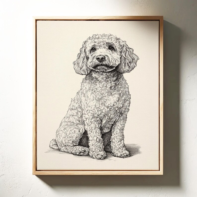 Curly Doodle Dog Line Drawing – Black and White Pet Portrait Art Print ...