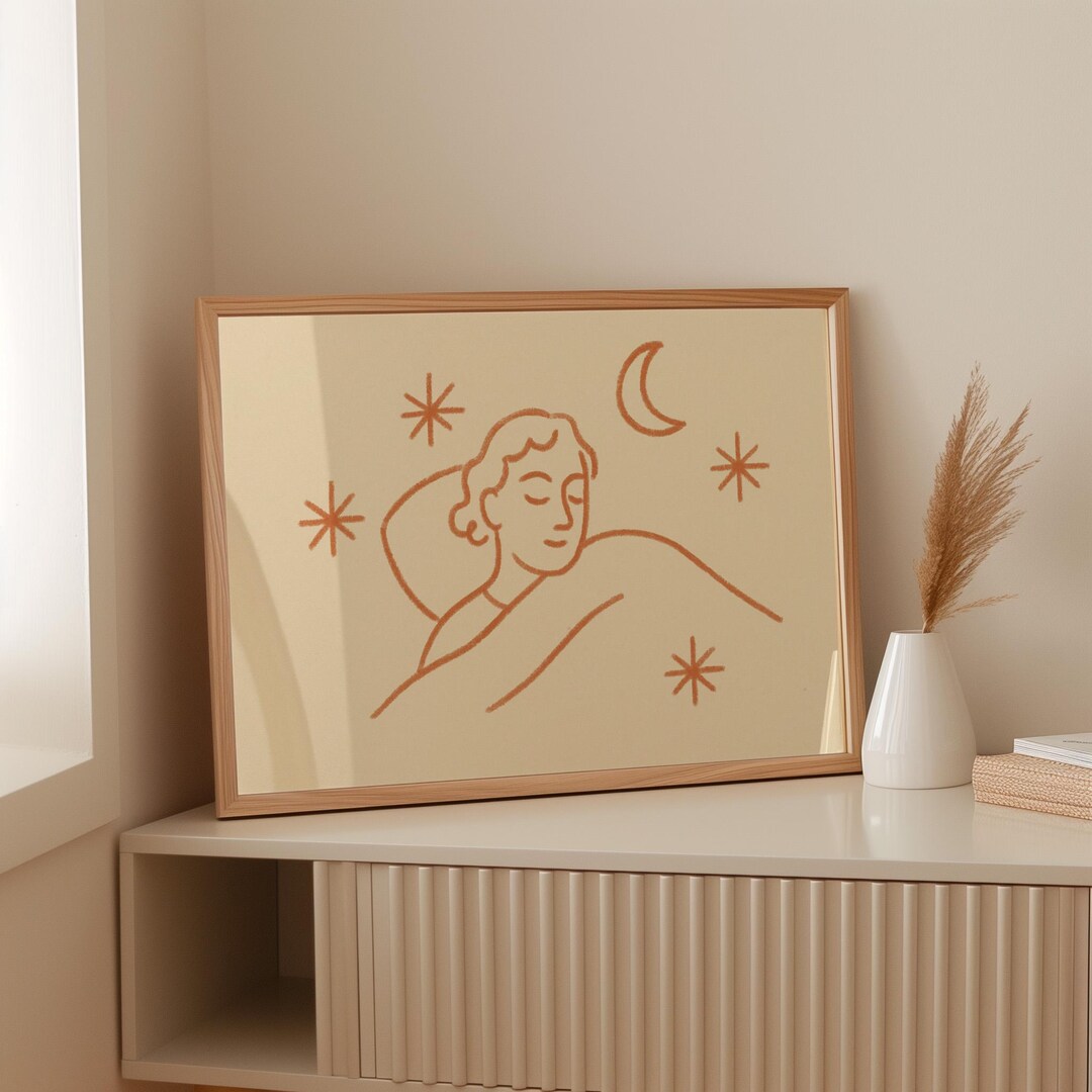Peaceful Sleep Line Art – Minimalist Moon and Stars Bedroom Print in Soft Earth Tone for Calm ...