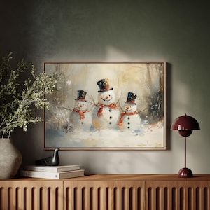 Three Snowmen Canvas Wall Art – Framed Winter Christmas Decor, Rustic ...