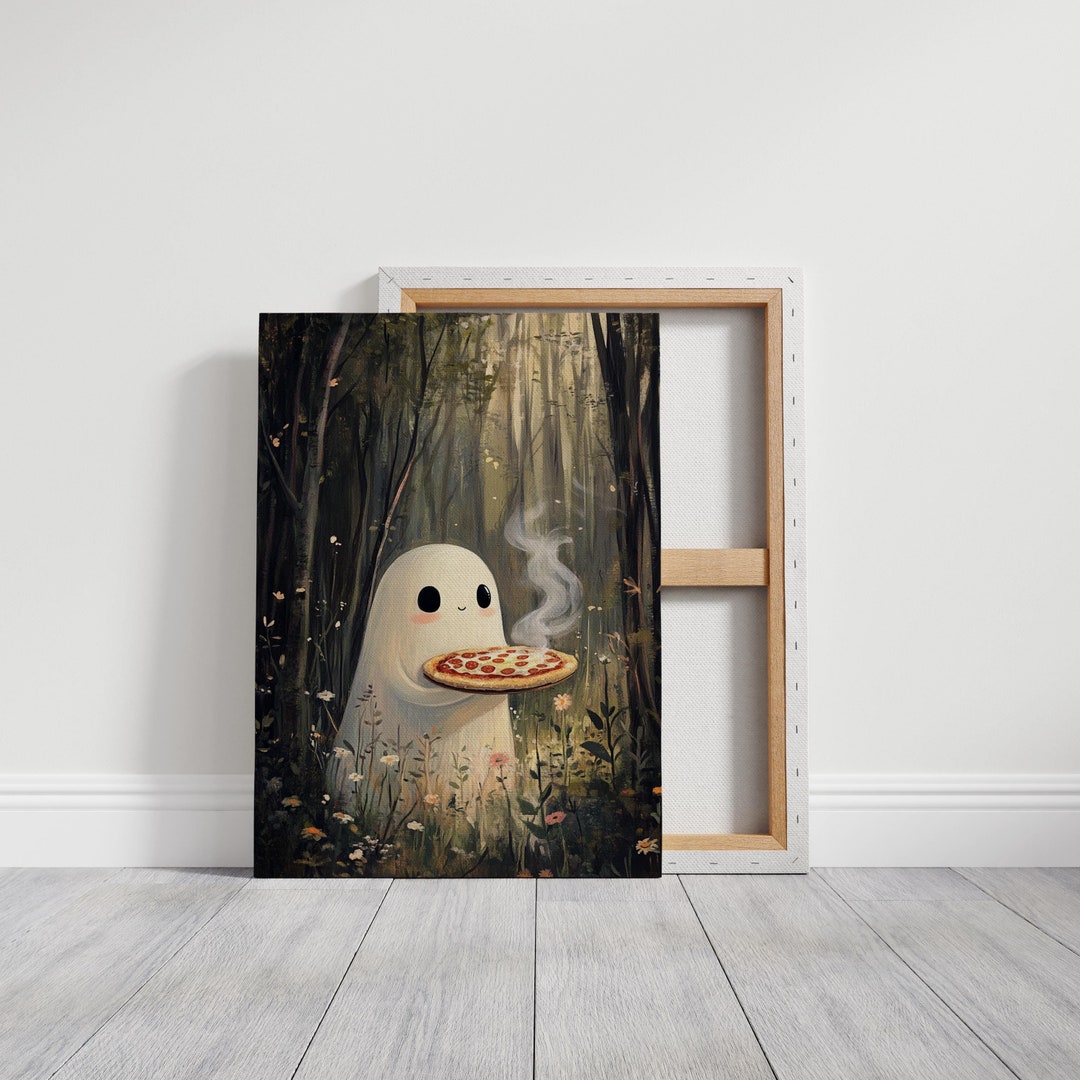 Whimsical Forest Ghost Serving Fresh Pizza Canvas Wall Art for Quirky ...