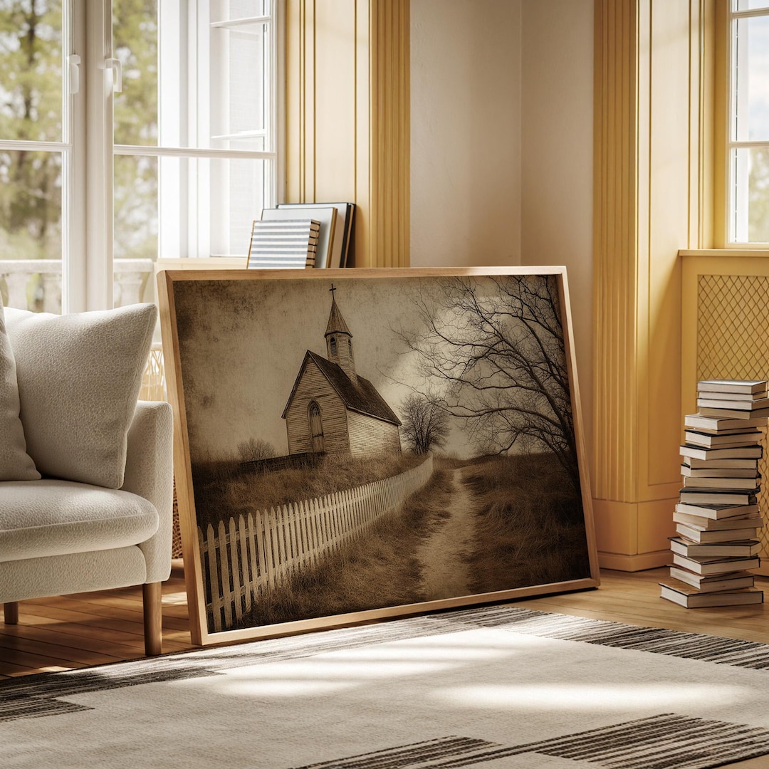Rustic Countryside Church Canvas Wall Art, Vintage Chapel With Fence ...