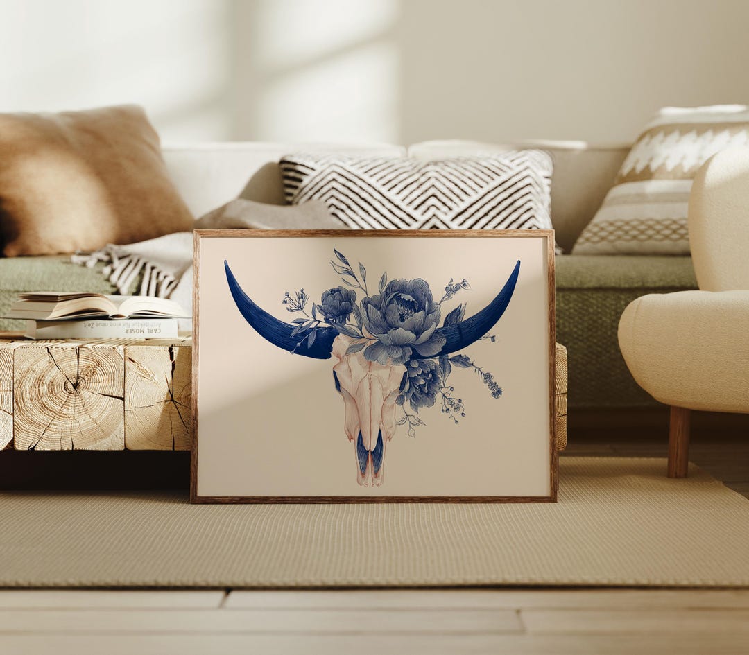 Floral Longhorn Skull Art | Modern Western Boho Decor With Blue ...