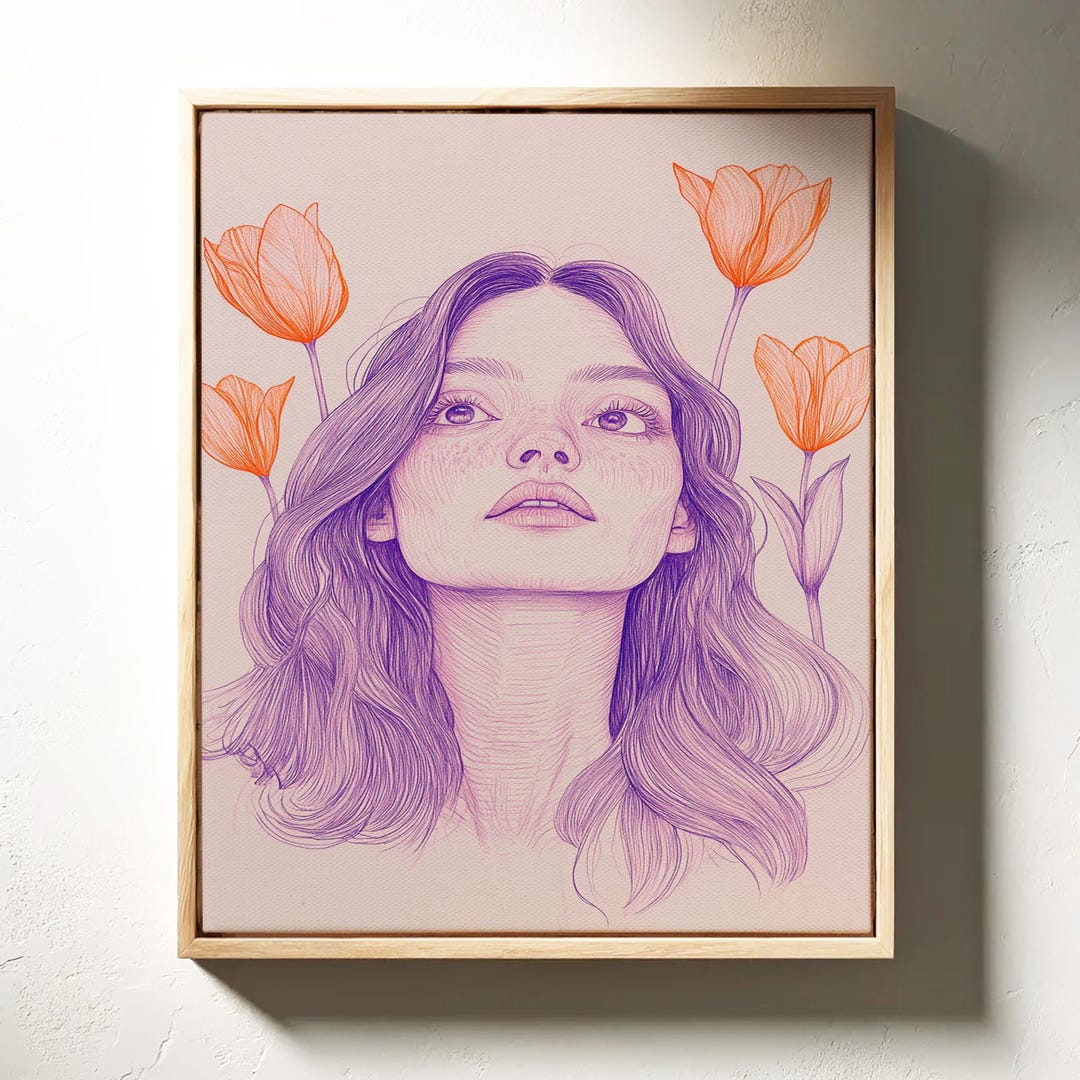 Floral Line Portrait of Woman With Tulips in Bloom - Etsy