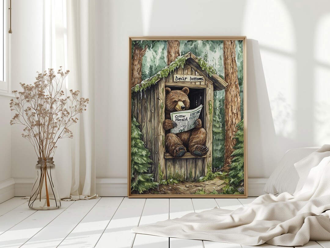 Funny Bear Bathroom Wall Art – Rustic Outhouse Reading Bear Poster ...