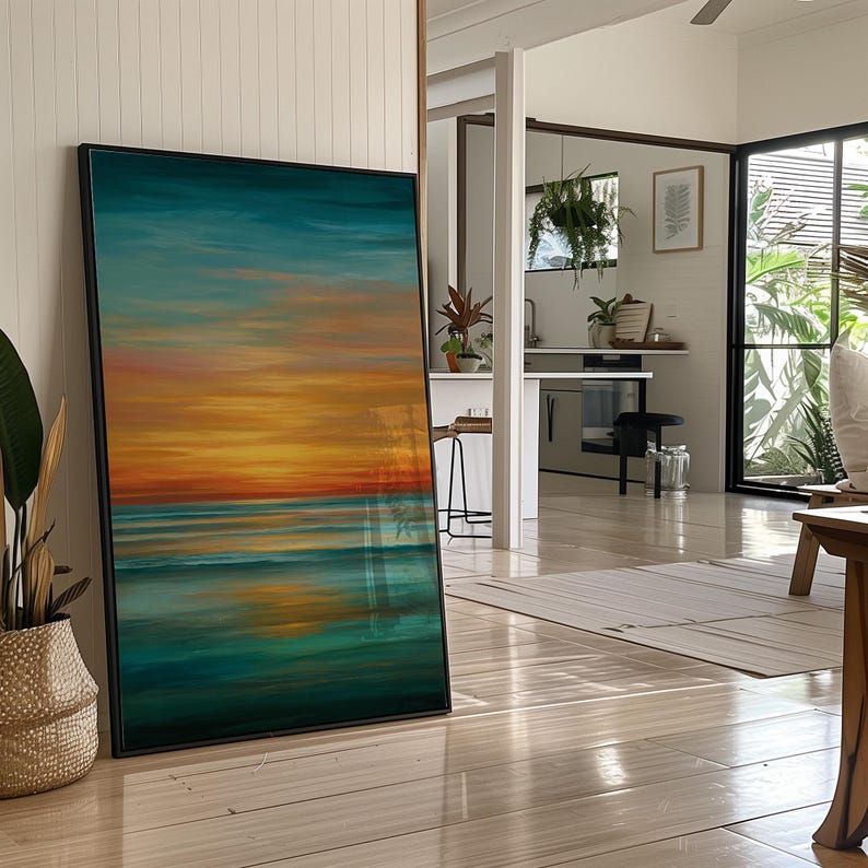 Abstract Ocean Sunset Canvas Wall Art | Colorful Coastal Seascape ...