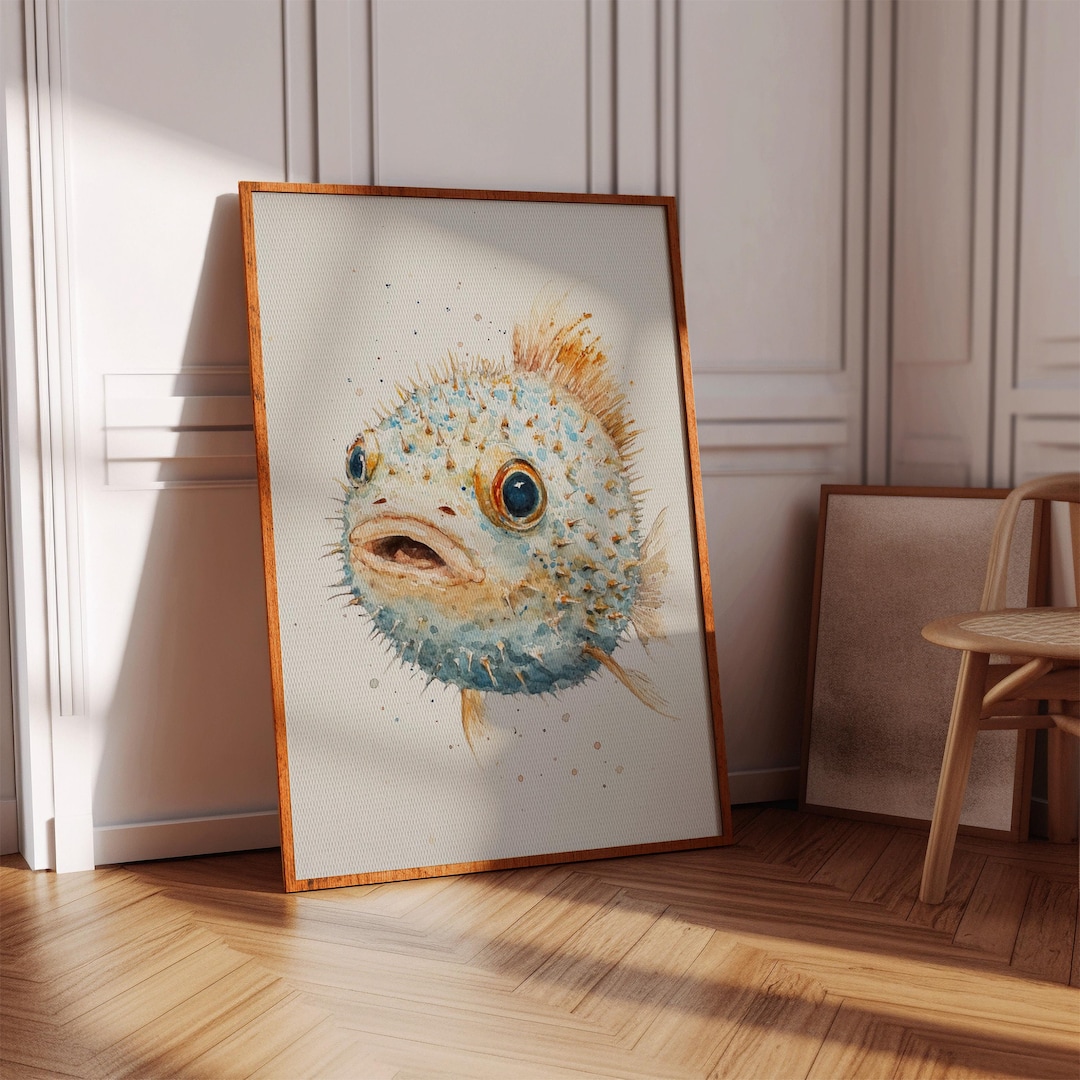Whimsical Watercolor Pufferfish Art - Playful Ocean Life Wall Decor ...