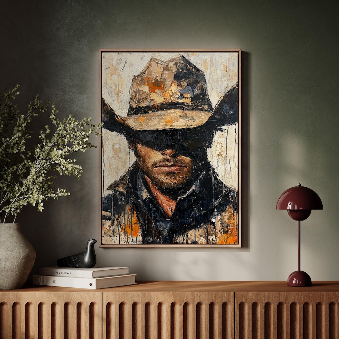 Western Cowboy Canvas Wall Art – Rustic Oil Painting Style Portrait of ...