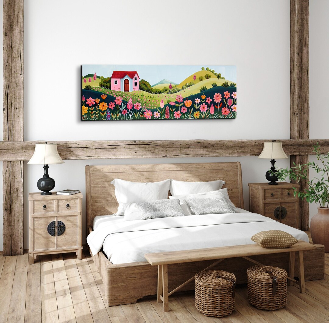 Whimsical Folk Art Painting Countryside Cottage Colorful Flower Field ...
