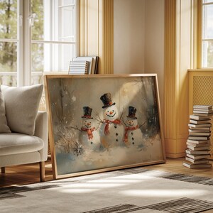 Three Snowmen Canvas Wall Art – Framed Winter Christmas Decor, Rustic ...