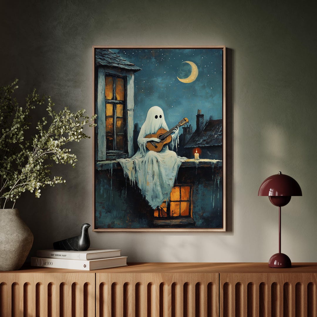 Ghost on Rooftop Playing Guitar | Whimsical Halloween Night Art ...