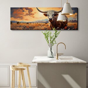 Longhorn Steer Panoramic Canvas Wall Art, Southwestern Wall Art, Cow ...