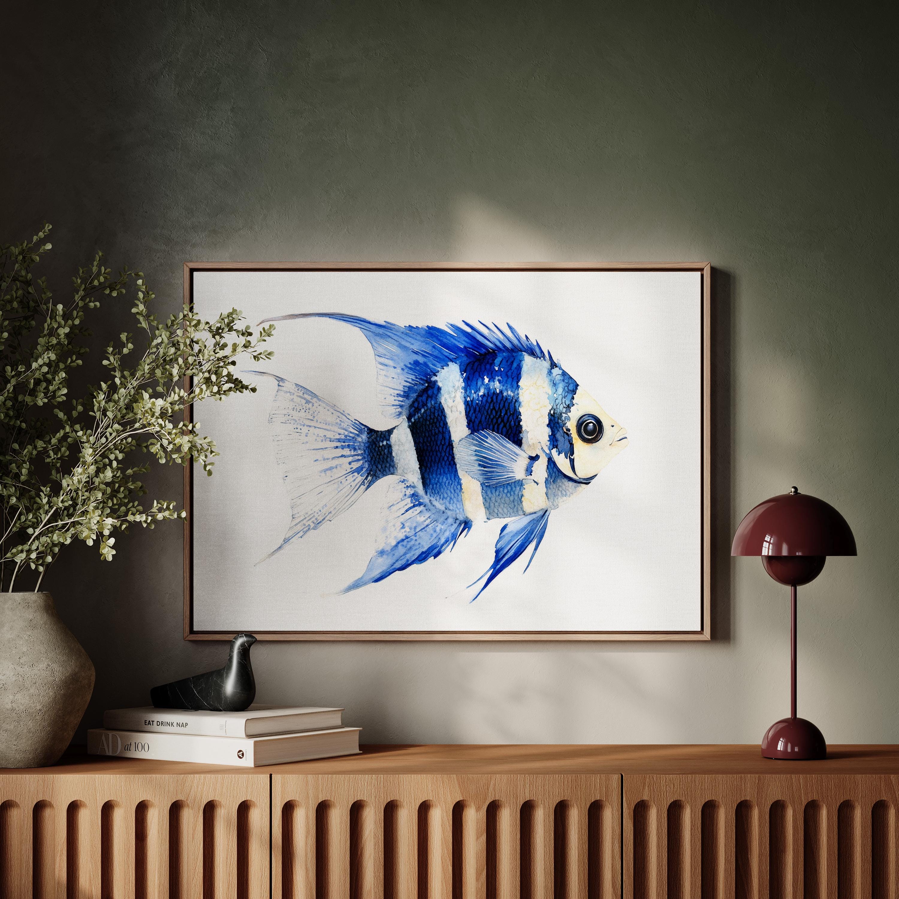 Stunning Blue Striped Angel Fish Watercolor Art, Tropical Marine Life ...