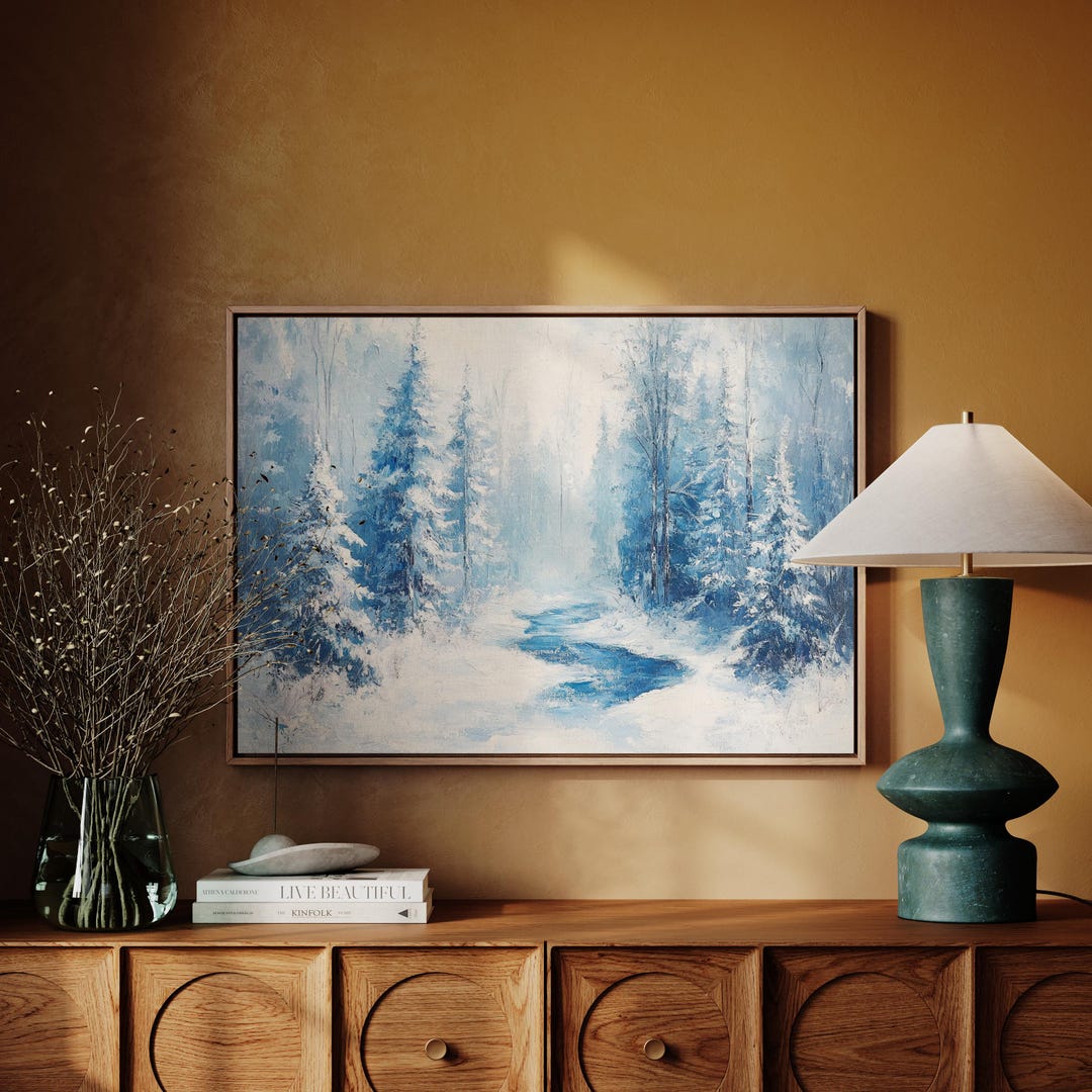 Winter Wonderland Forest Canvas Wall Art - Snowy Pine Trees and Stream Painting, Tranquil Blue ...