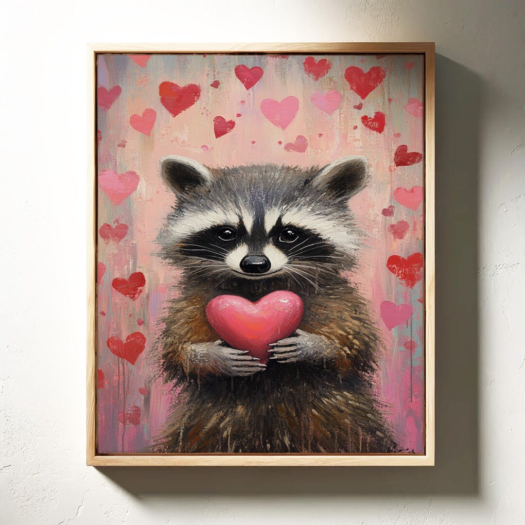 Whimsical Raccoon Holding a Heart - Charming Canvas Wall Art for Animal ...