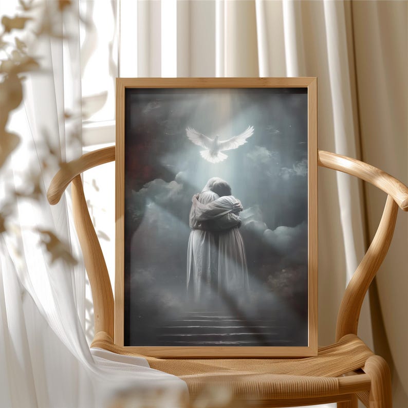 Heavenly Embrace Christian Canvas Wall Art | Angel Hug With Dove ...