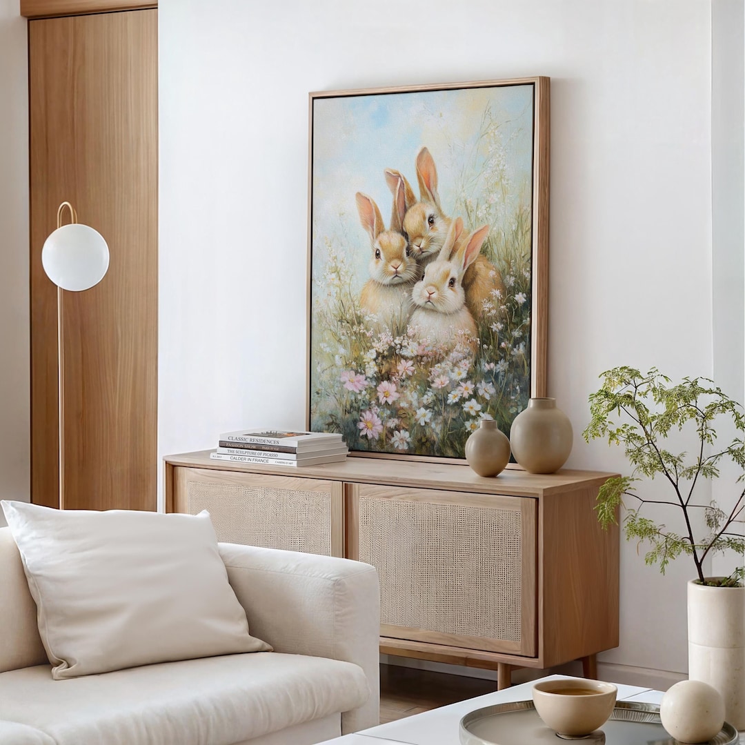 Charming Trio of Bunnies in Wildflowers - Cute Rabbit Canvas Art for ...