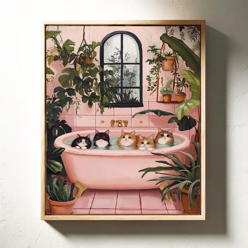 Charming Cat Quartet in Pink Bathtub Wall Art: Cozy Greenery-filled ...