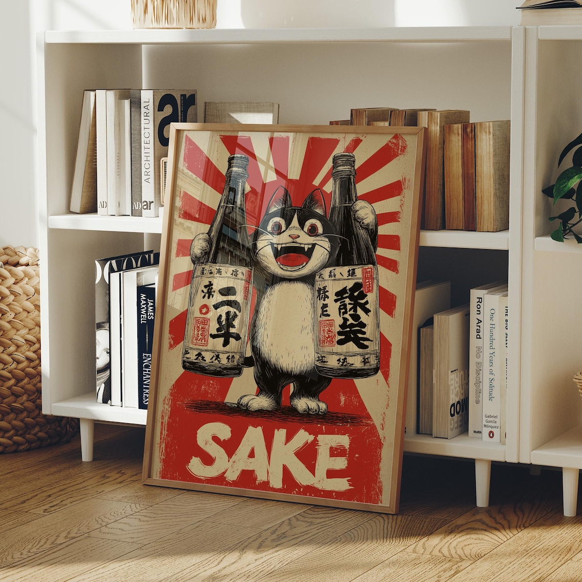 Sake Cat Canvas Art, Retro Japanese Pop Poster Style, Funny Lucky Cat ...