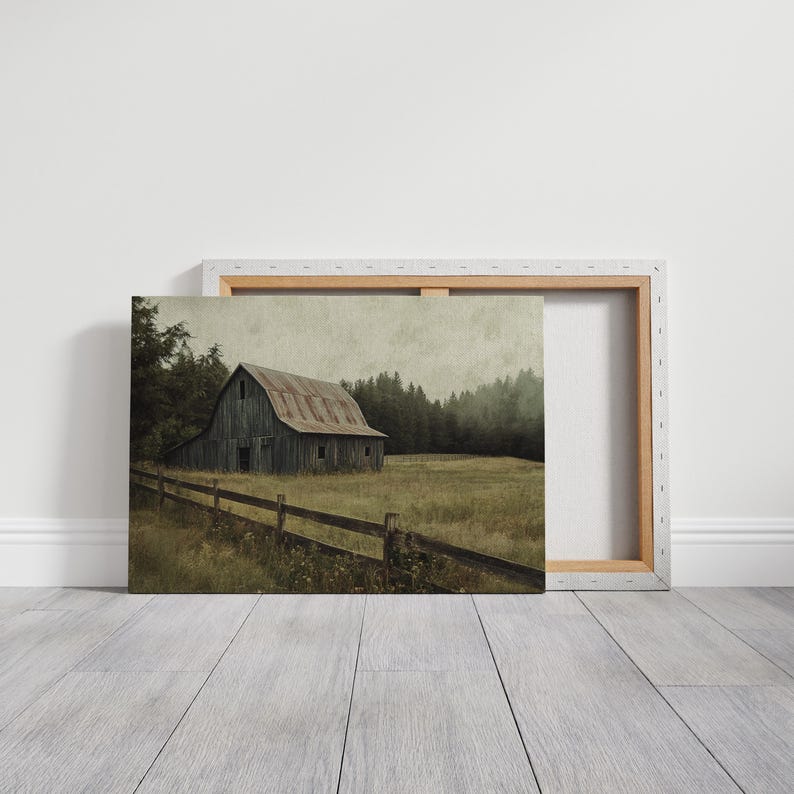 Rustic Blue Barn in Countryside Meadow | Vintage Rural Landscape Canvas ...