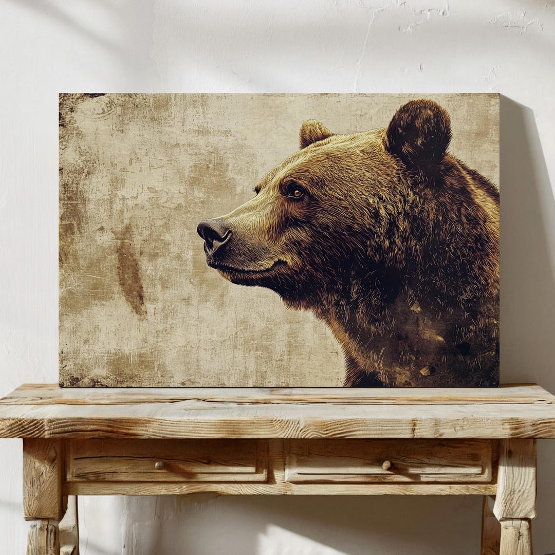 Rustic Bear Canvas Art, Vintage Wildlife Wall Decor, Grizzly Profile ...