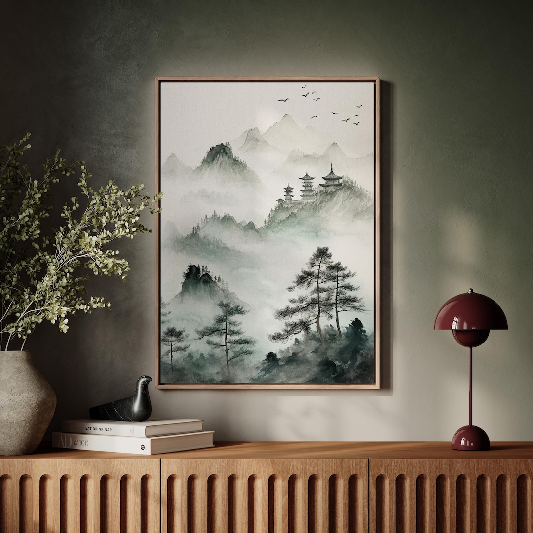 Japanese Ink Wash Landscape - Zen Mountain Mist Wall Art - Asian ...