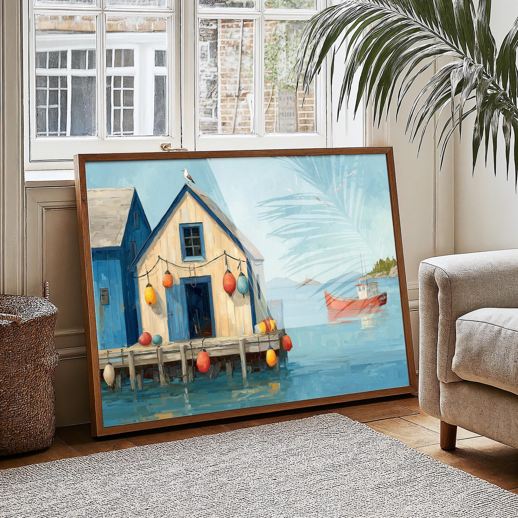 Coastal Dockside Morning Scene | Nautical Fishing Shack and Red Boat ...