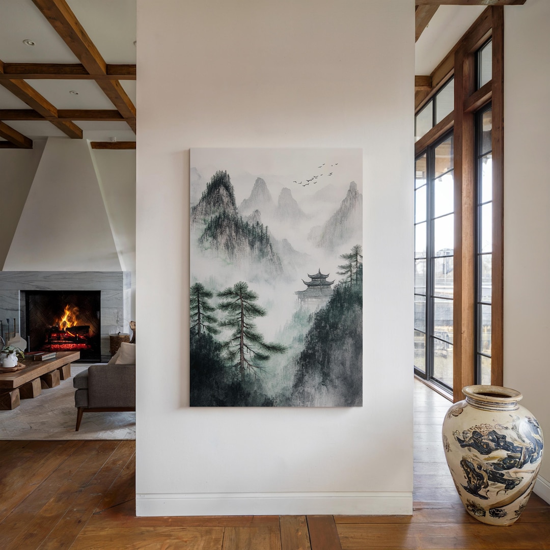 Misty Mountain Pagoda Wall Art - Japanese Ink Wash Landscape - Zen ...