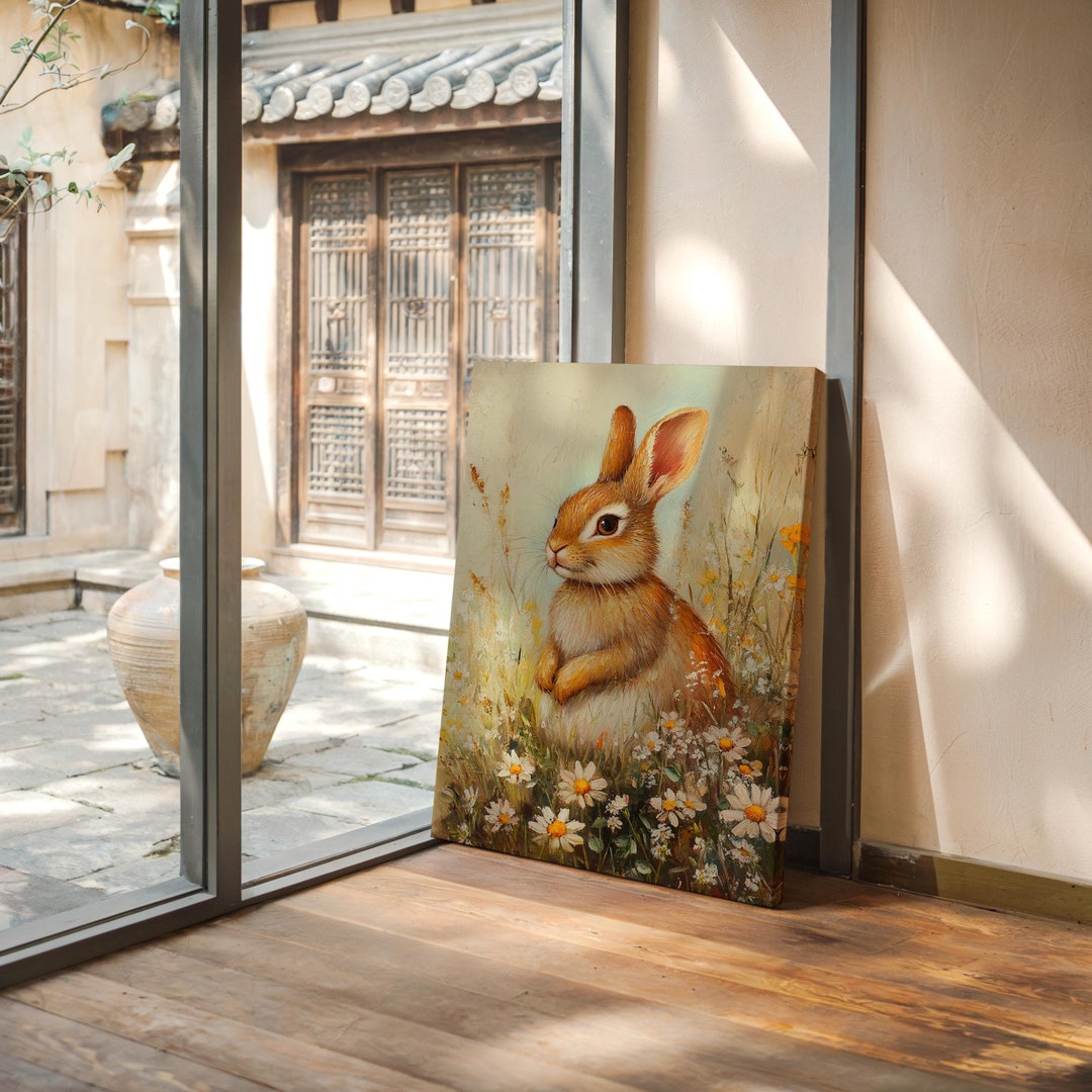 Charming Bunny Canvas Wall Art - Whimsical Rabbit in a Wildflower ...