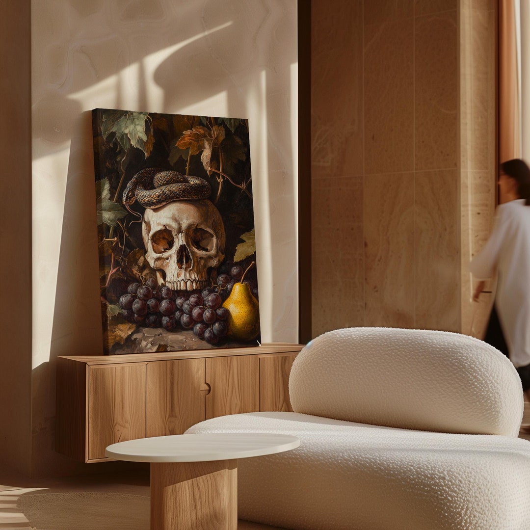 Snake on Skull With Grapes and Pear - Vintage Still Life Oil Painting ...