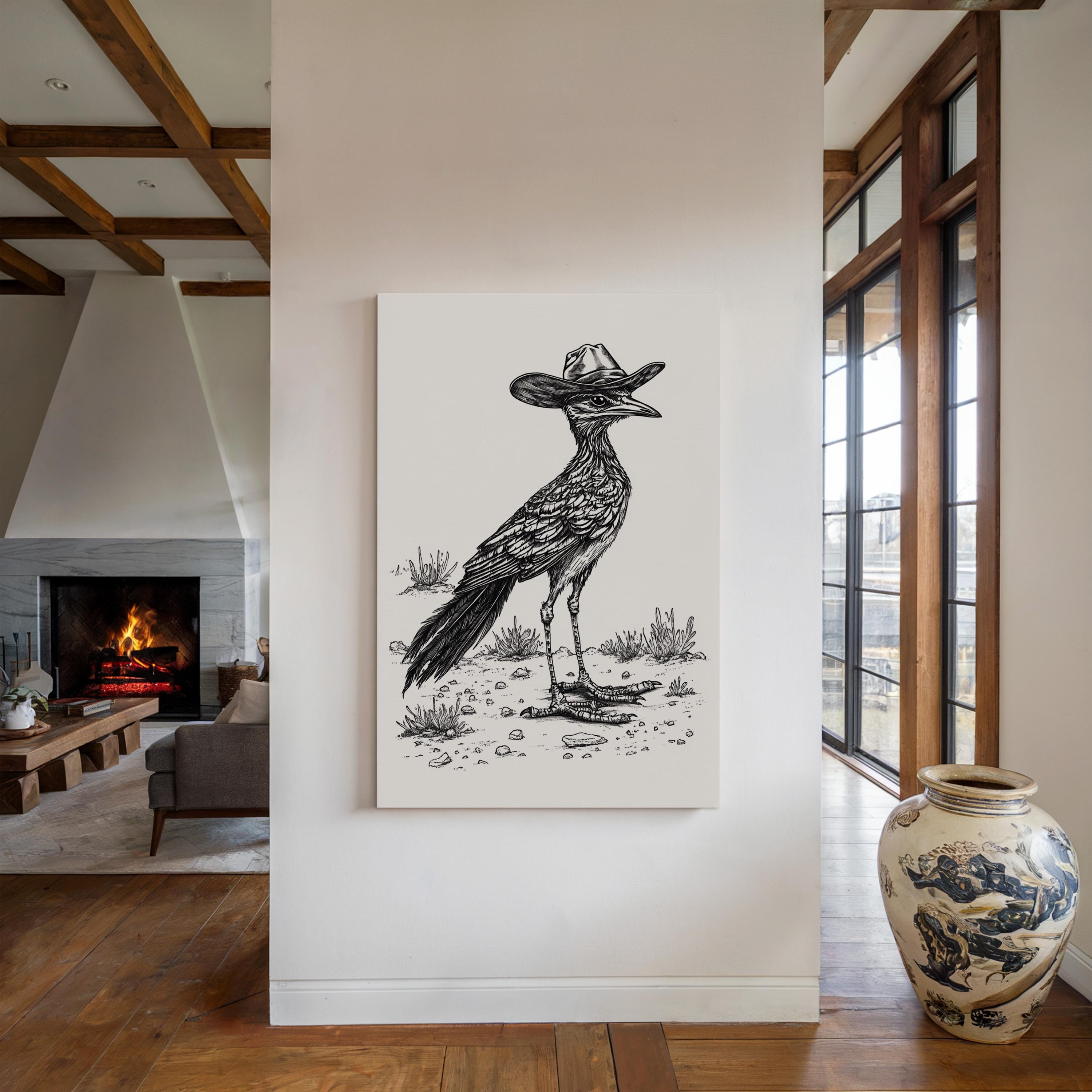 Cowboy Roadrunner Wall Art, Western Ink Illustration, Black and White ...