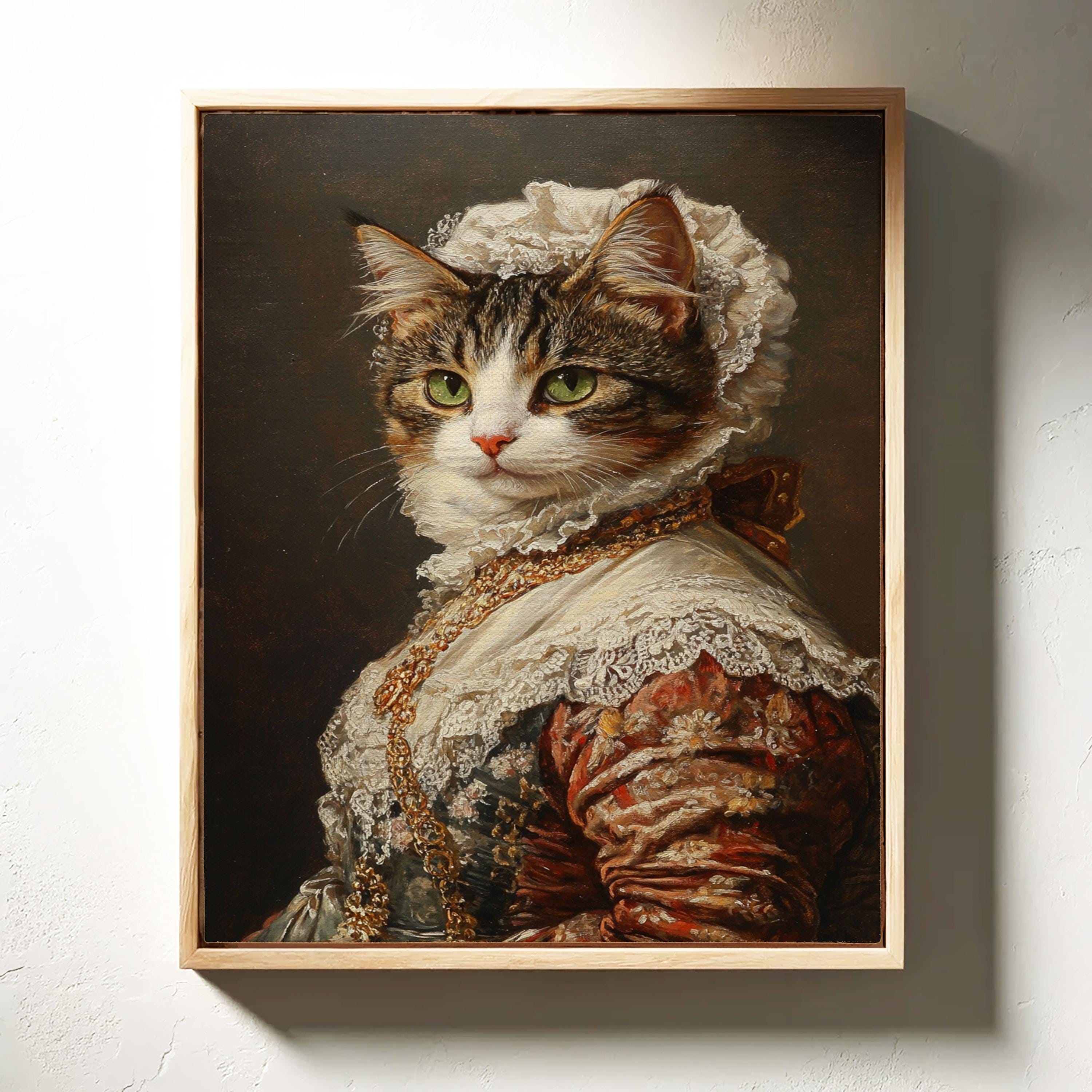 Victorian Cat Portrait Canvas - Elegant Tabby in Lace Bonnet and Gold ...