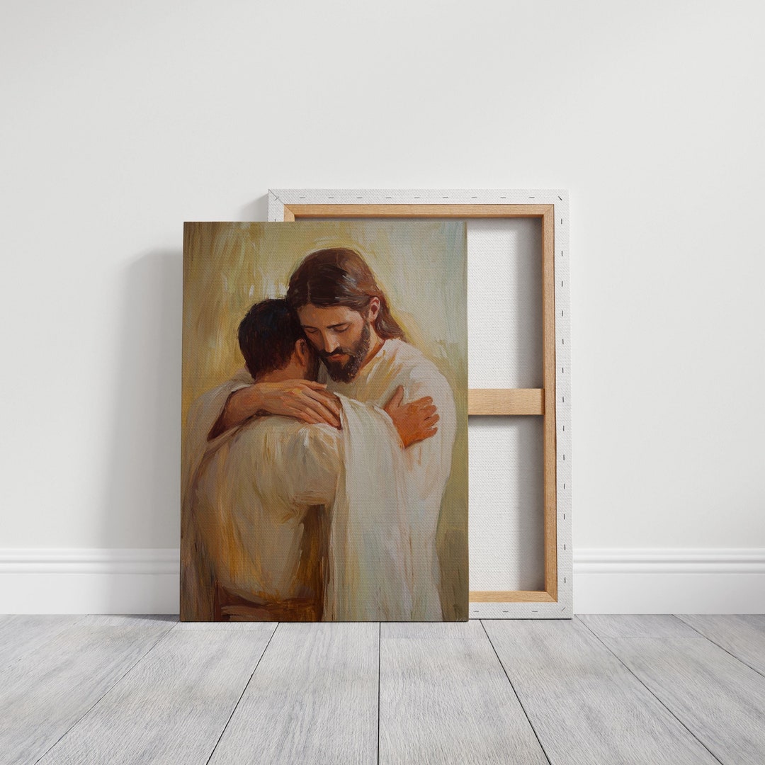 Jesus Embracing a Man - Touching Christian Art Canvas, Love and ...