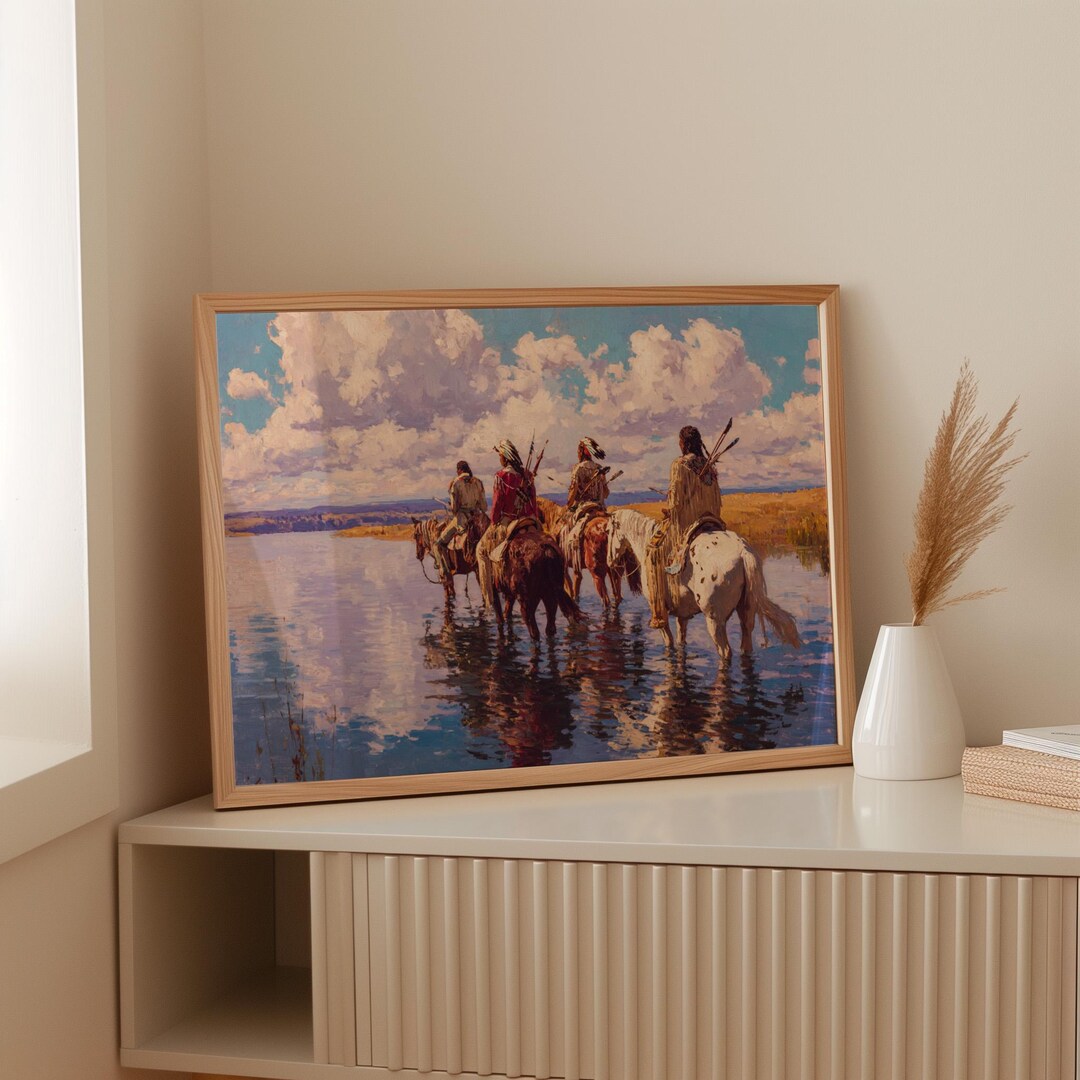 Vintage Oil Painting of Native American Riders Crossing River – Western ...