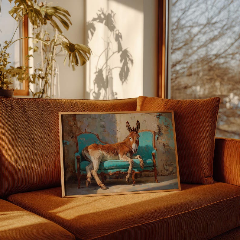 Whimsical Donkey on Turquoise Sofa Art Print - Etsy