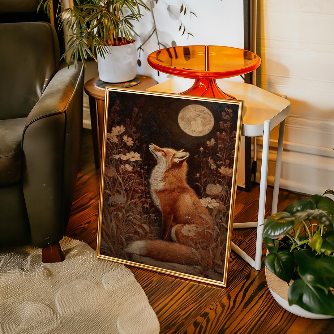 Fox Under Full Moon Canvas Wall Art, Rustic Woodland Animal Painting ...