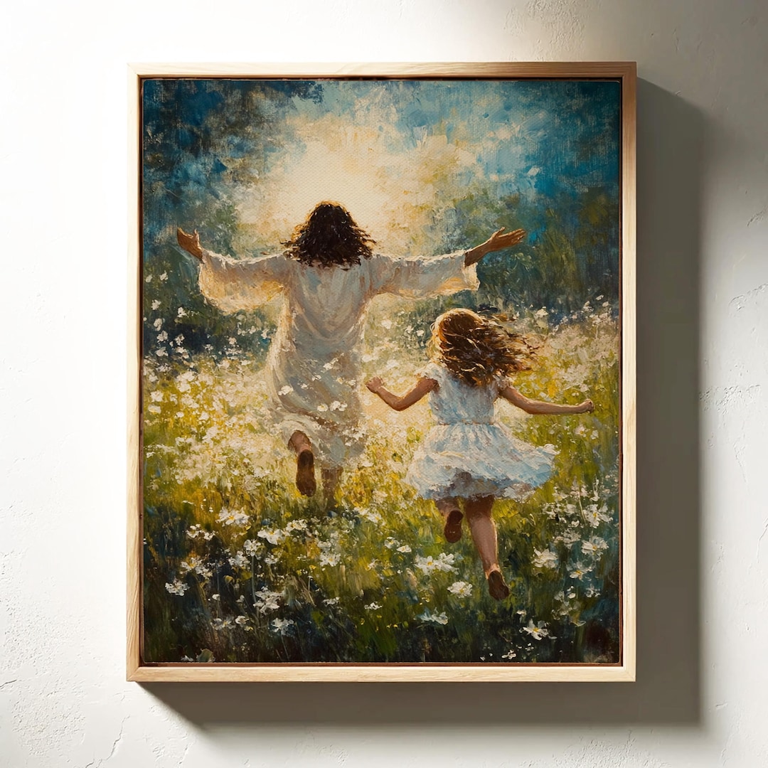 Jesus and Child Running in a Sunlit Meadow - Inspirational Canvas Art ...