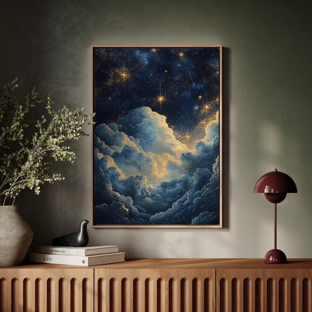 Dreamy Starry Night Sky Canvas Art - Illuminated Clouds, Gold Accents ...