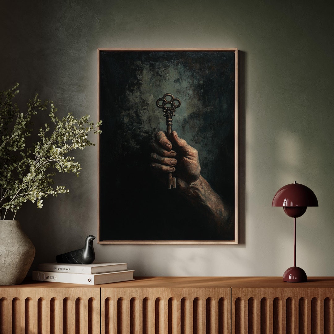 Vintage Hand Holding Skeleton Key Canvas Art - Dark Gothic Artwork With ...