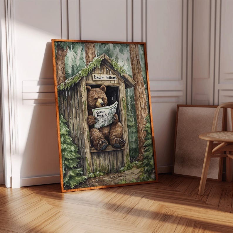Funny Bear Bathroom Wall Art – Rustic Outhouse Reading Bear Poster ...