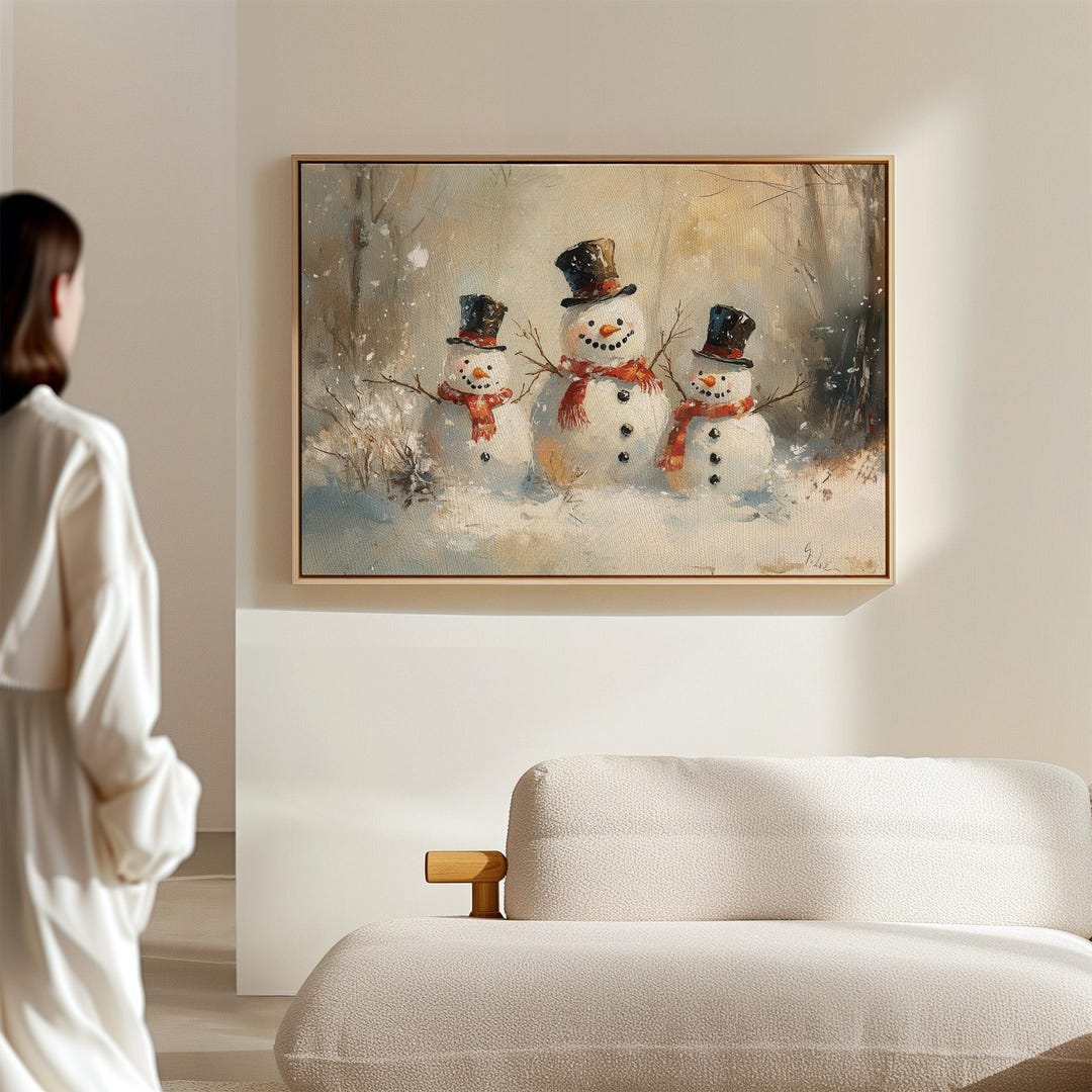 Three Snowmen Canvas Wall Art – Framed Winter Christmas Decor, Rustic ...