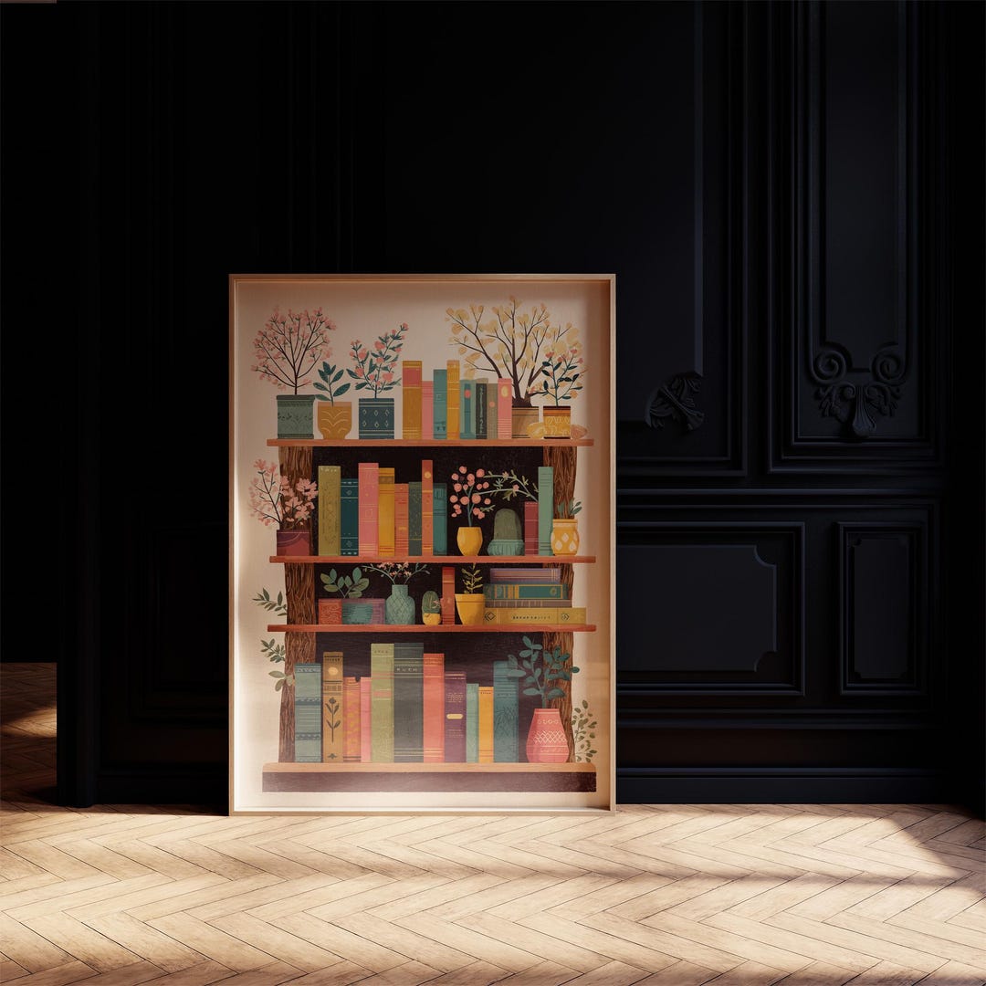 Colorful Botanical Bookshelf Art | Cozy Library Wall Decor | Vintage ...