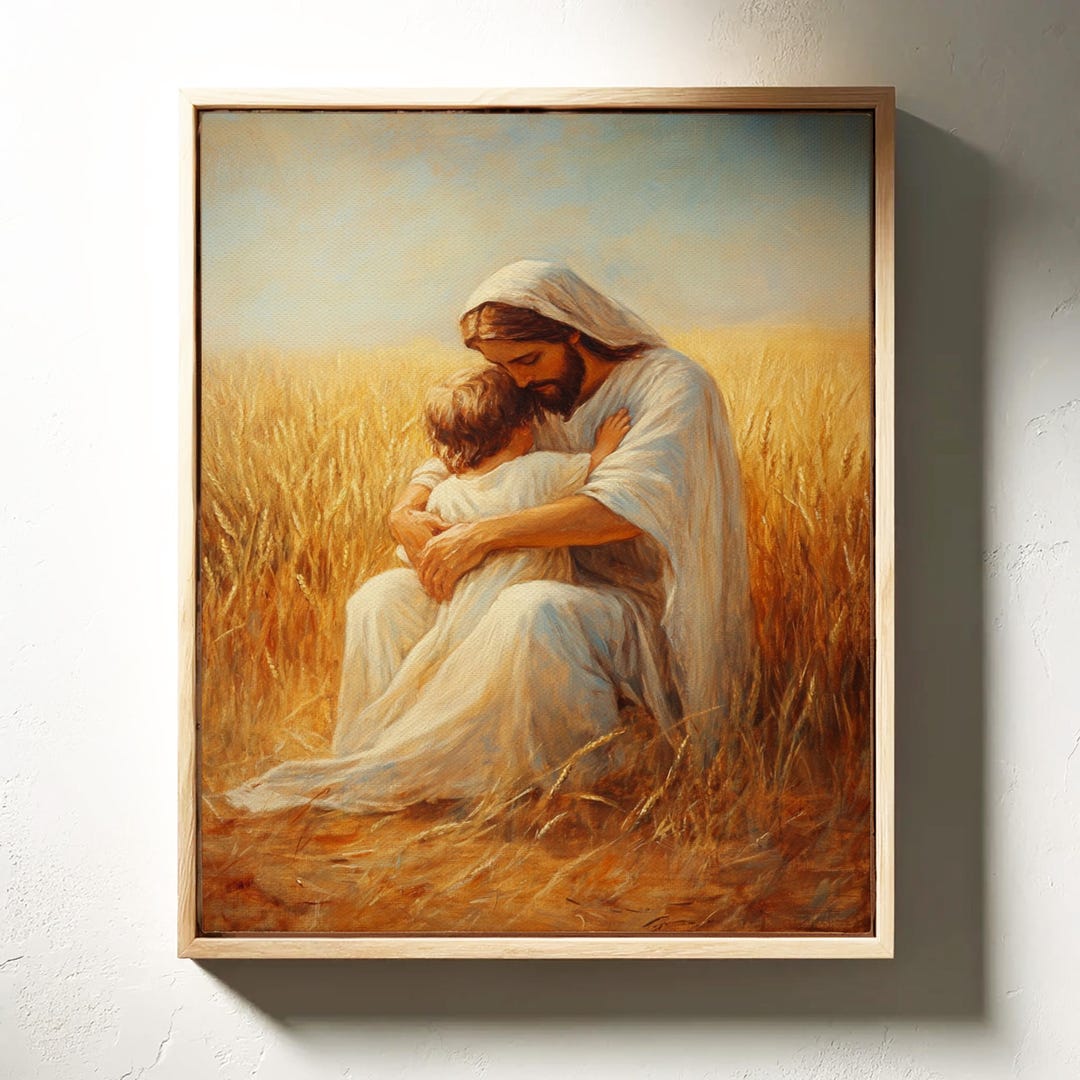 Jesus Embracing Child in Wheat Field - Comforting Christian Canvas Art ...