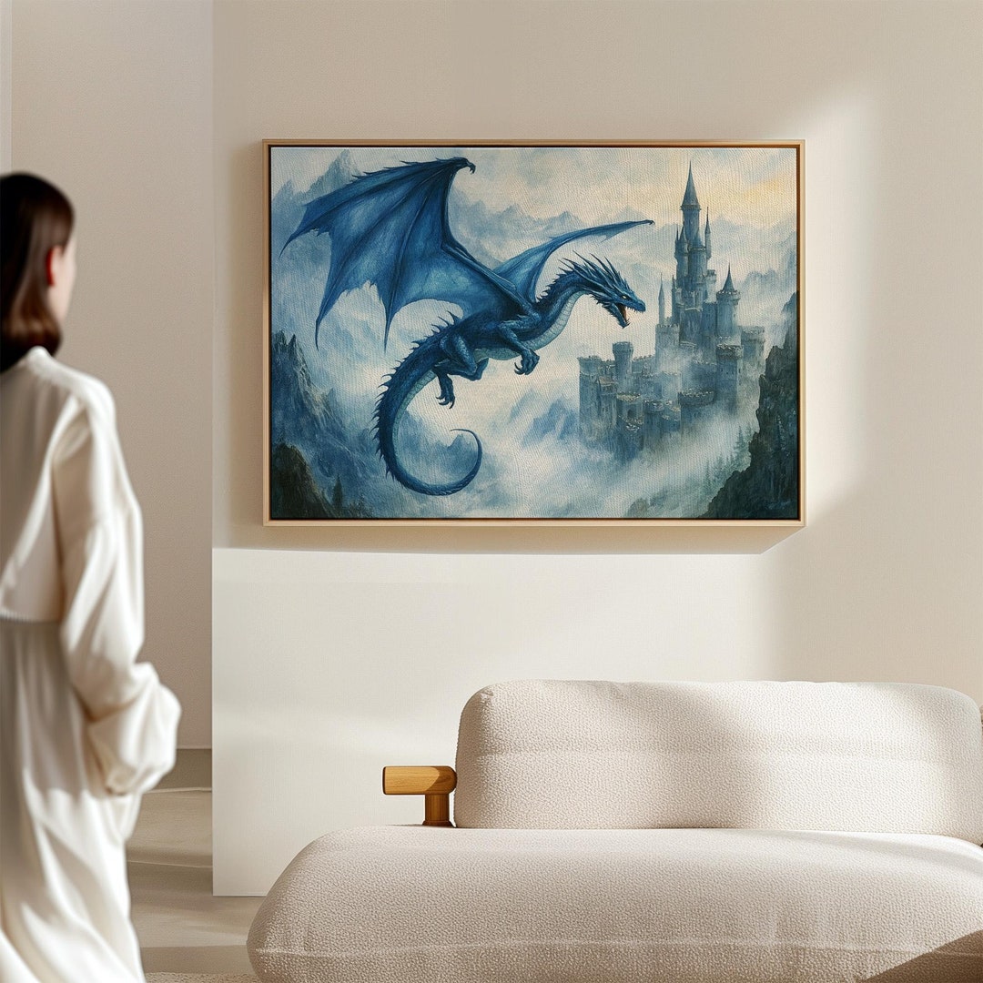 Epic Blue Dragon Canvas Wall Art - Mystical Fantasy Castle Scene ...