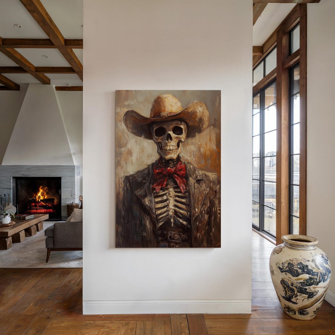 Western Skeleton Wall Art, Gothic Cowboy Canvas, Spooky Sheriff Print ...