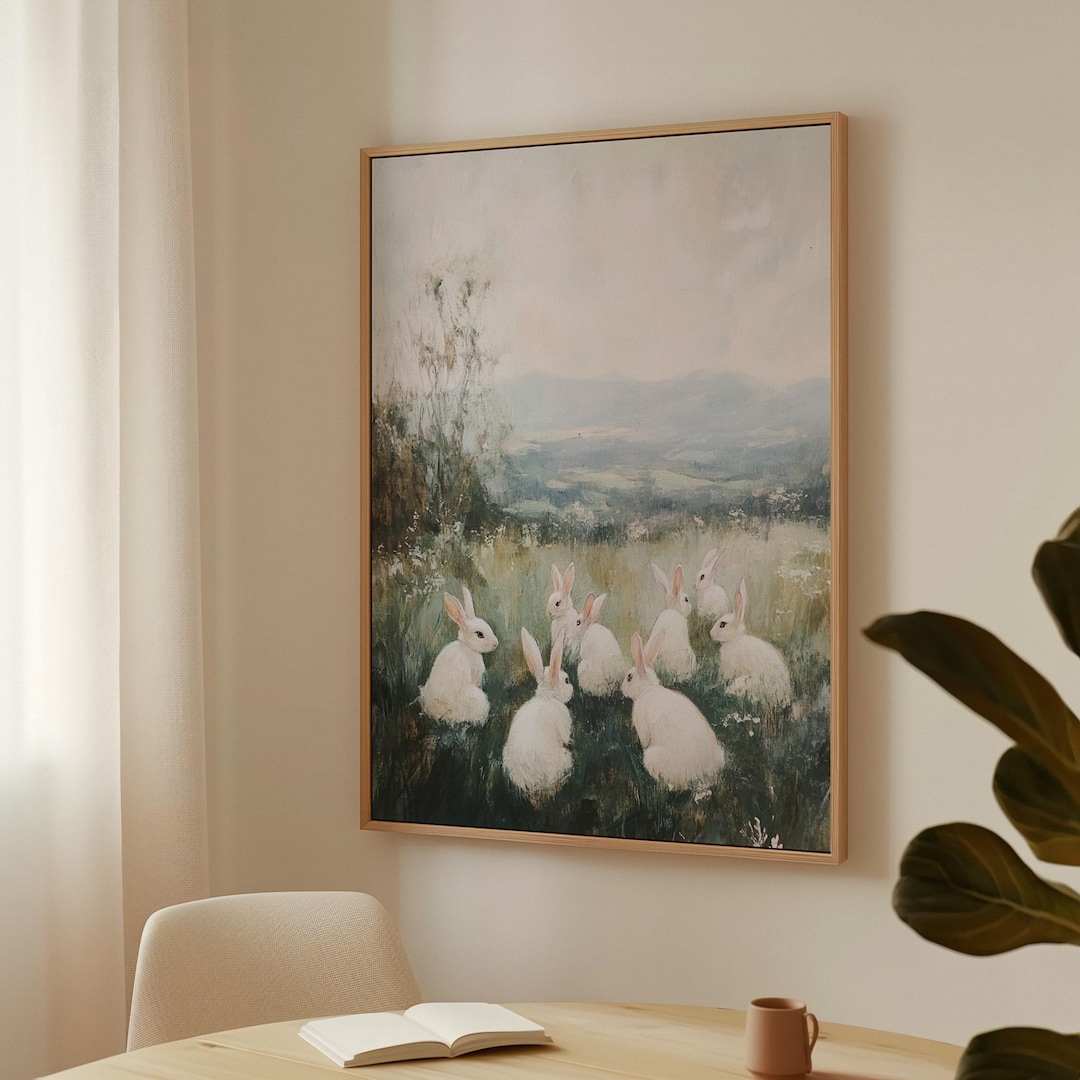 White Rabbits in Meadow Canvas Art - Serene Countryside Scene, Rustic ...