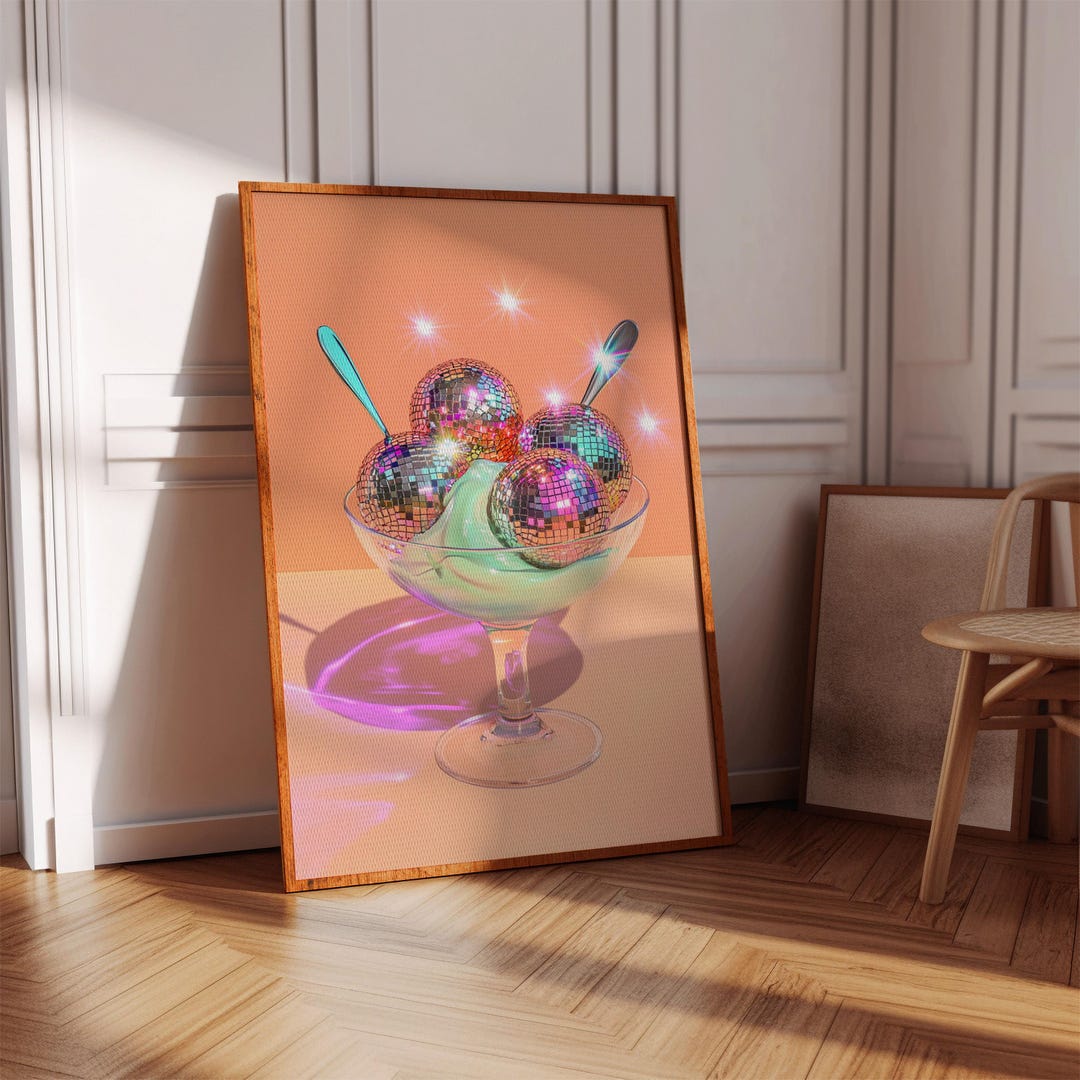 Disco Ice Cream Wall Art – Retro Pop Art Dessert Print With Mirror Ball ...