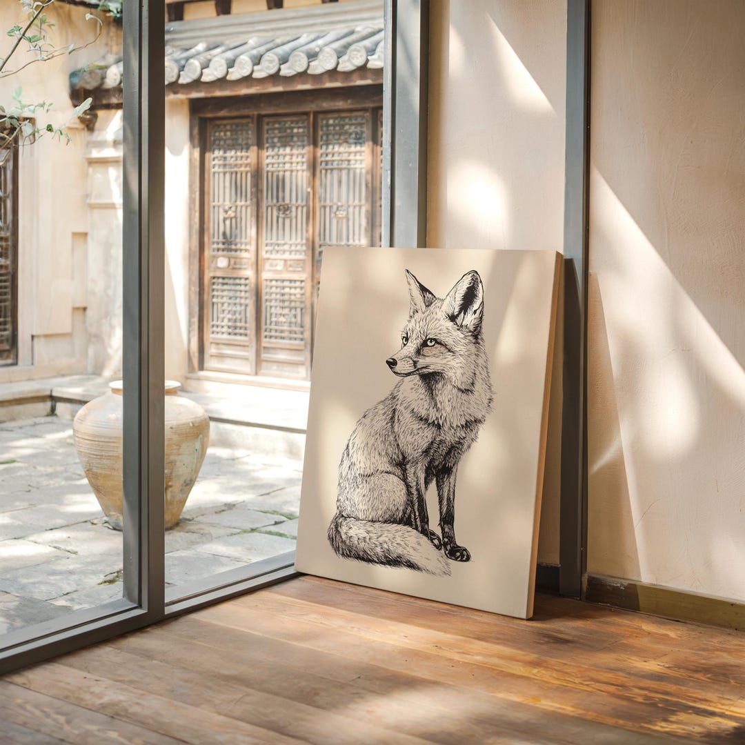 Fox Ink Drawing Canvas Wall Art – Black and White Wildlife Print ...